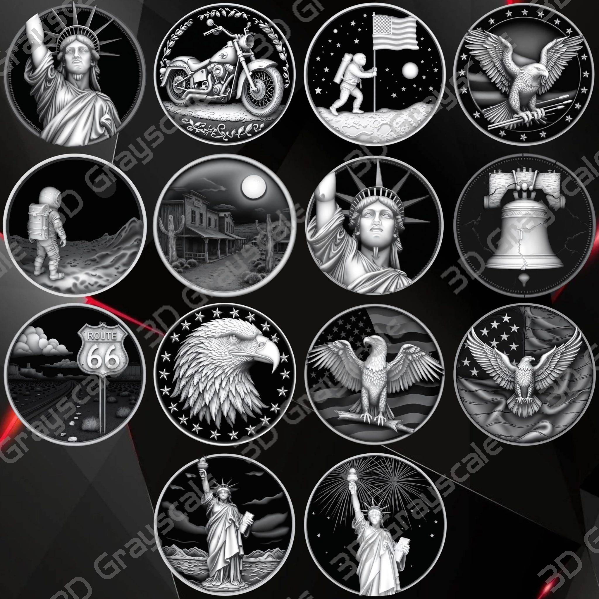 14-Design “American Spirit” Depth/Height Map Bundle – 3D Grayscale